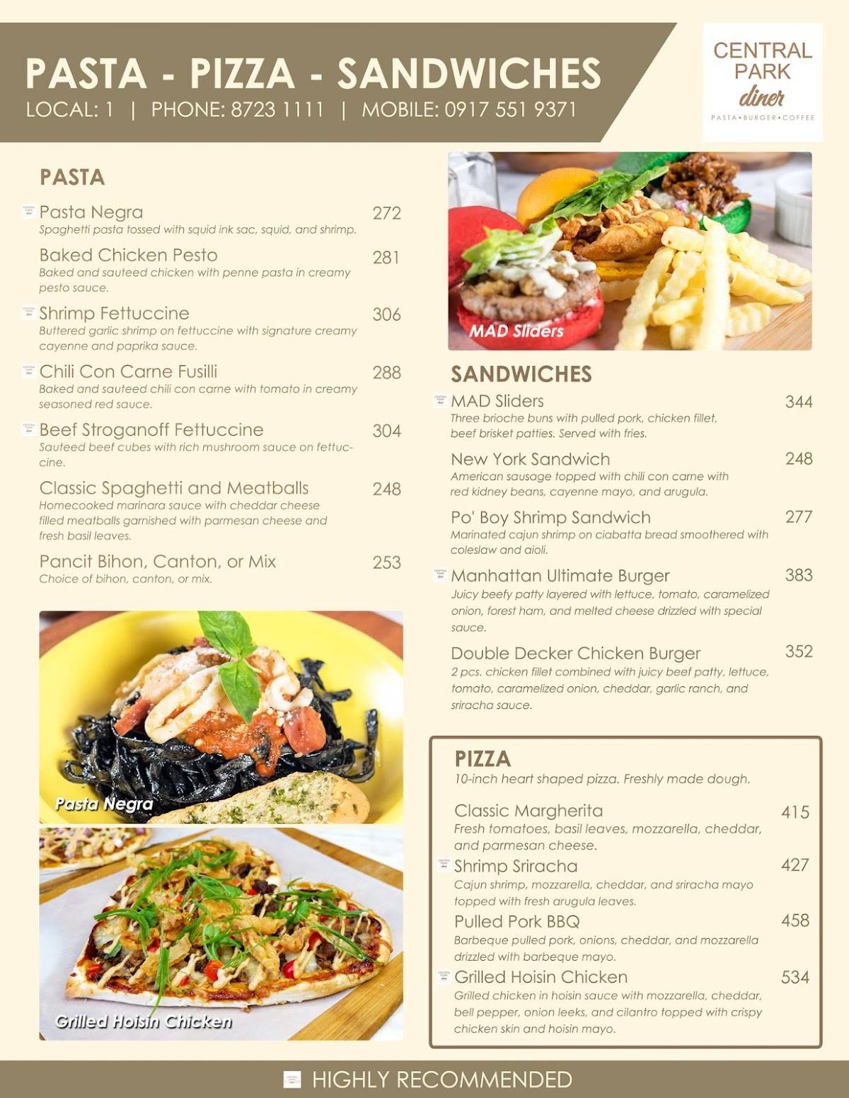 Menu at Central Park Diner restaurant, Quezon City
