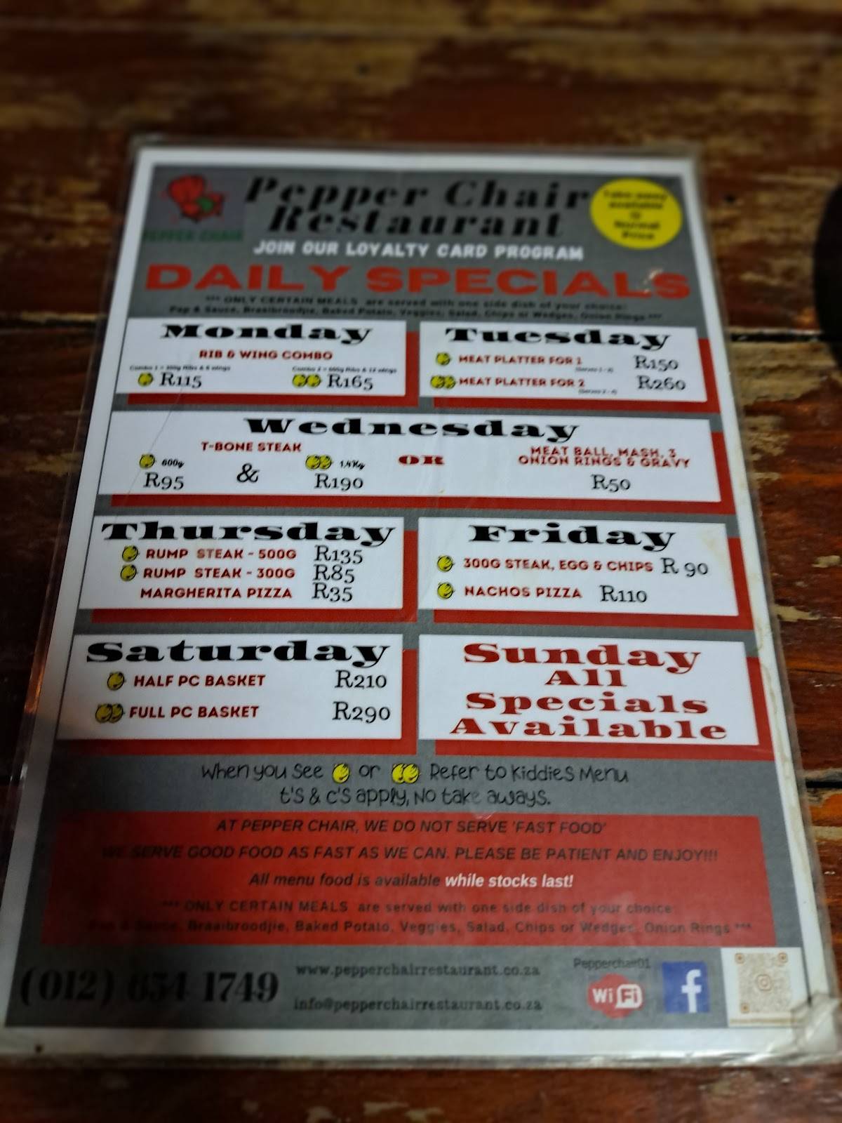 Menu at Pepper Chair Restaurant, Centurion