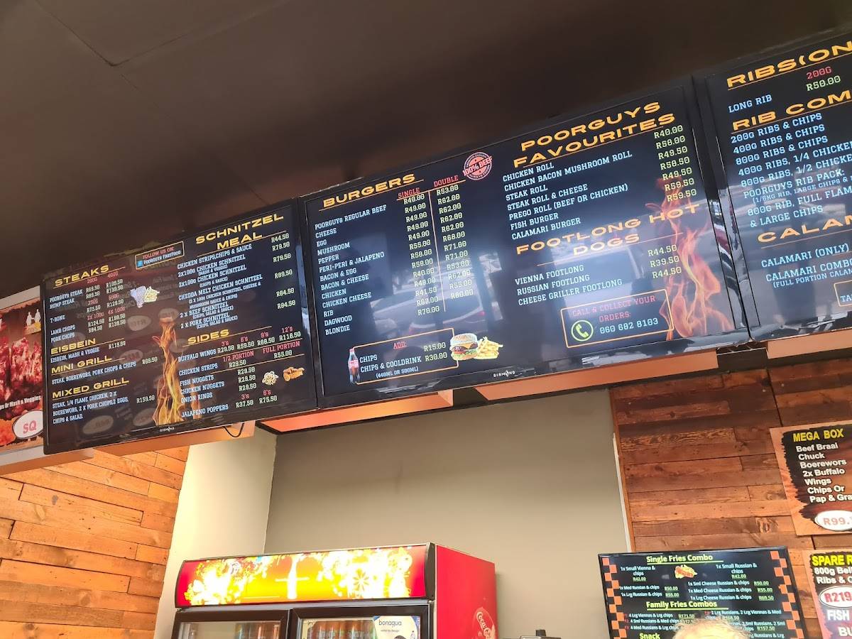 Menu at Poor Guys Fast Food, Pretoria