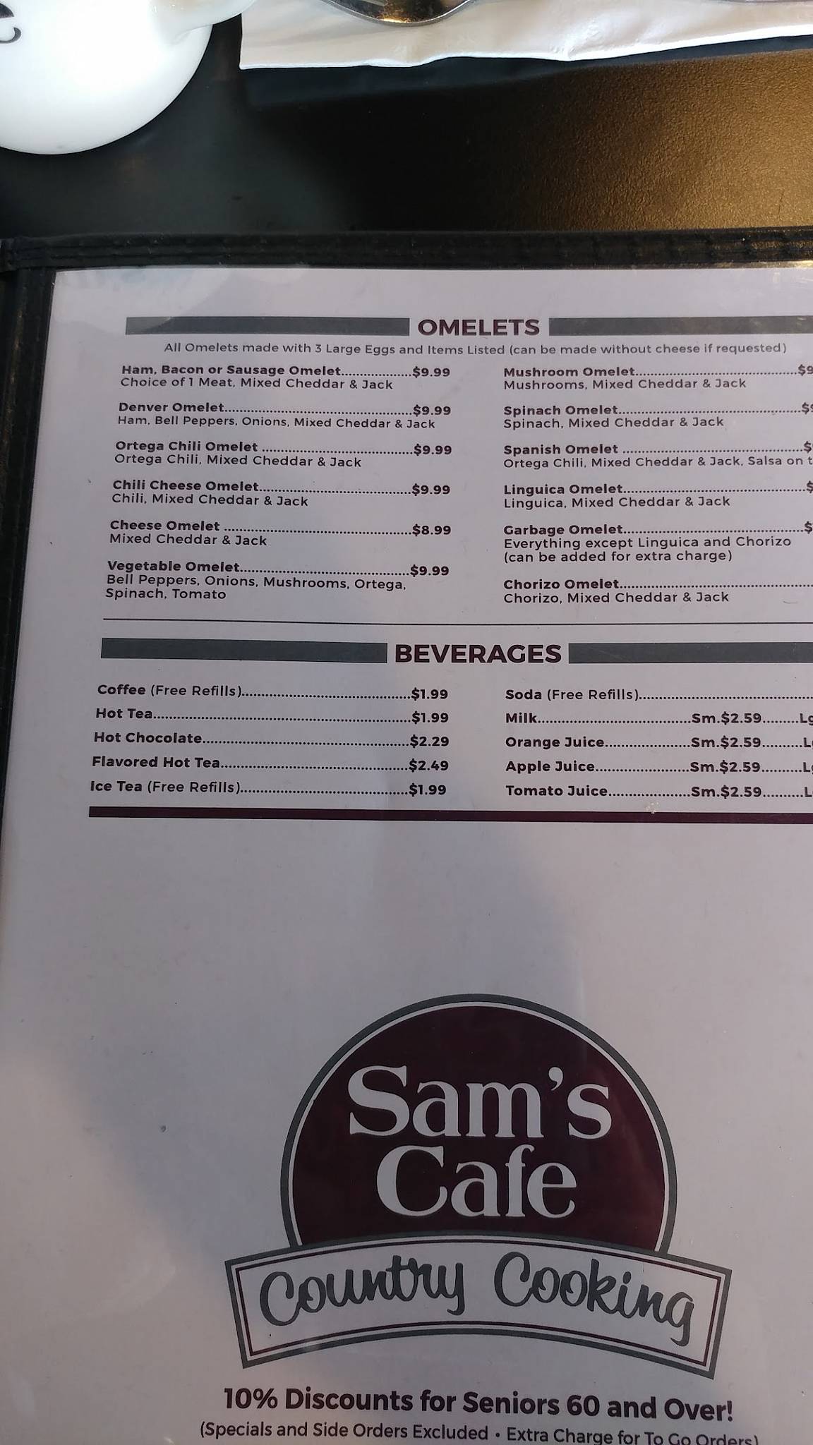 Menu at Sam's Cafe, Ceres