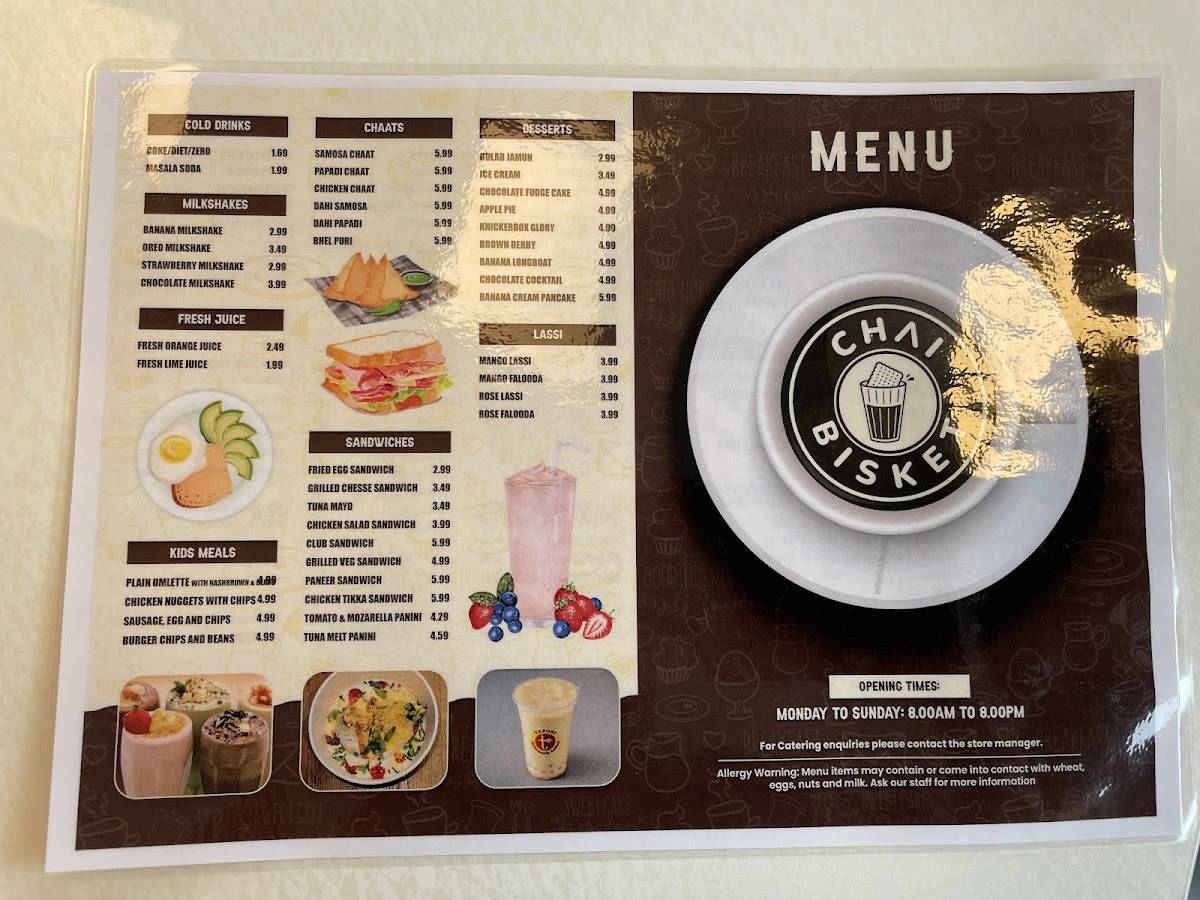 Menu at Chai Bisket cafe, Ruislip, 132 High St