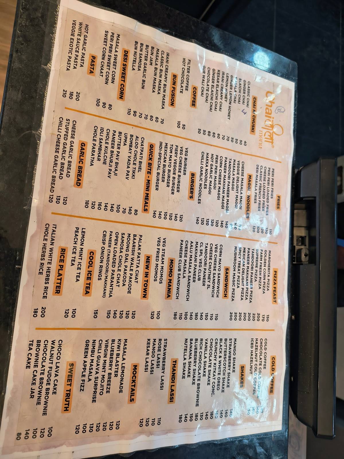 Menu at Chaileela, Indore