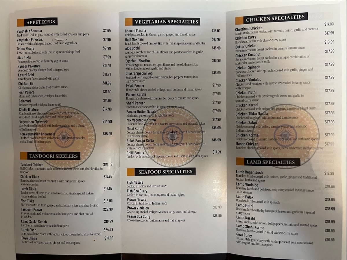 Menu at Chakra Indian Restaurant Seymour, Vancouver