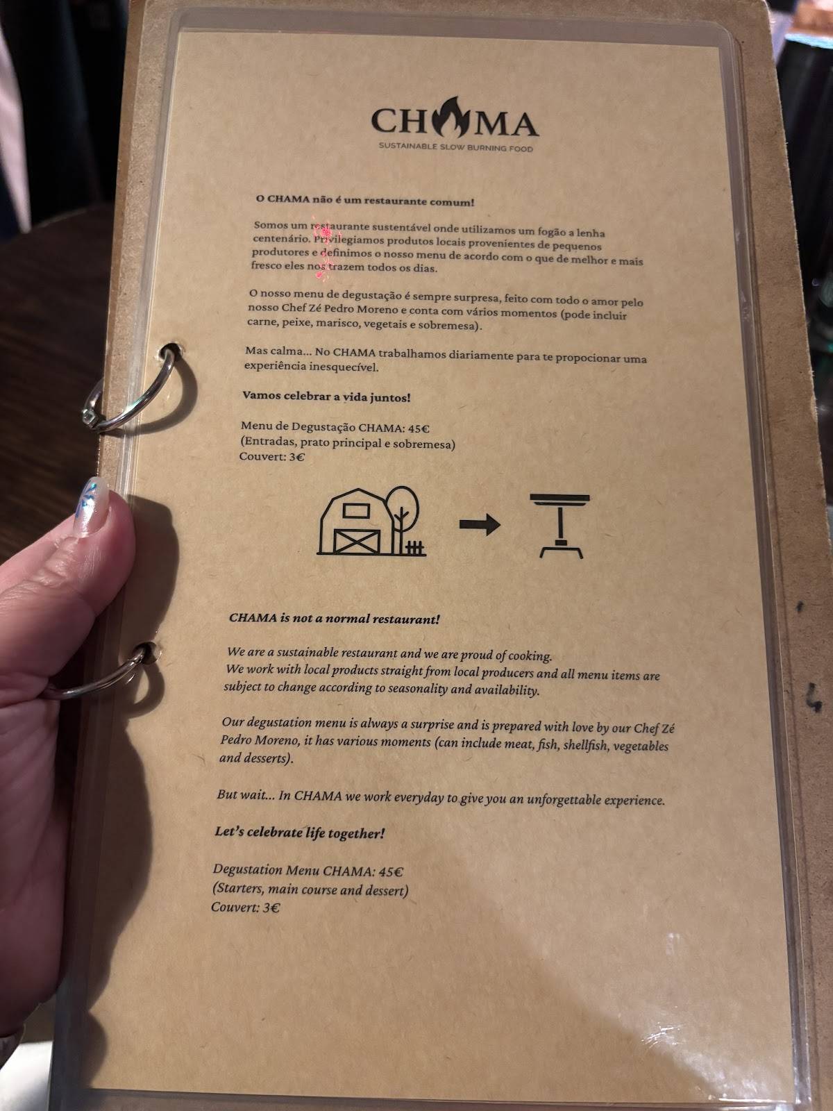 Menu at Chama restaurant, Porto