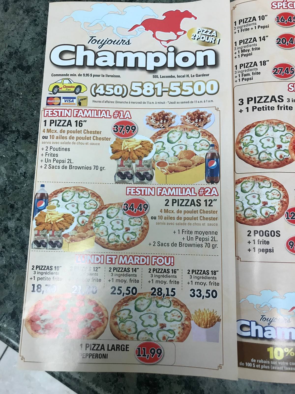 Menu au Pizza Champion Repentigny 2 pour 1 pizzeria, Repentigny