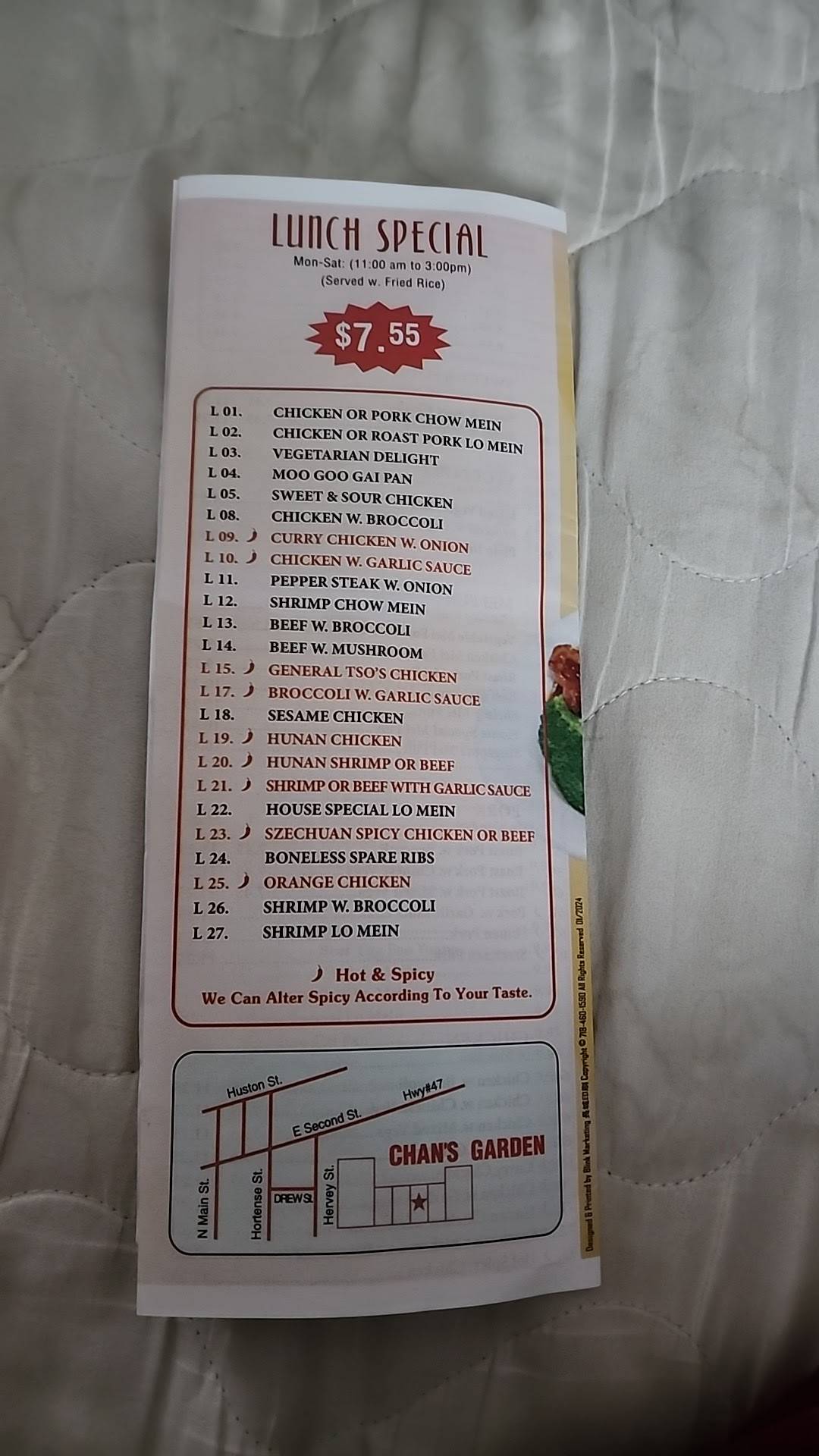 Menu at Chan's Garden restaurant, Chase City