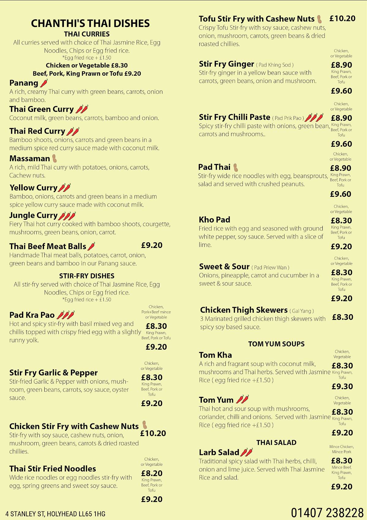 Menu at Chanthi's Thai to Go restaurant, Holyhead