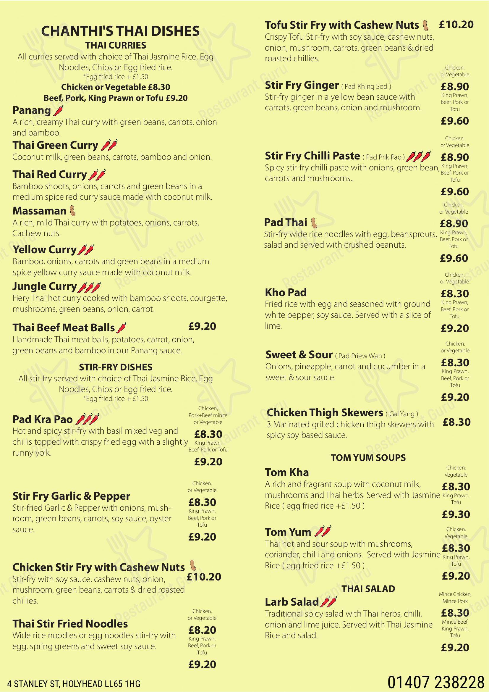 Menu at Chanthi's Thai to Go restaurant, Holyhead