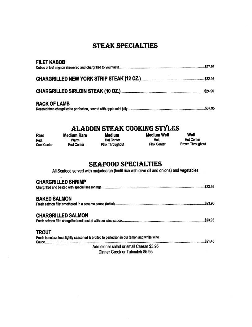 Menu at Aladdin Restaurant, Charleston