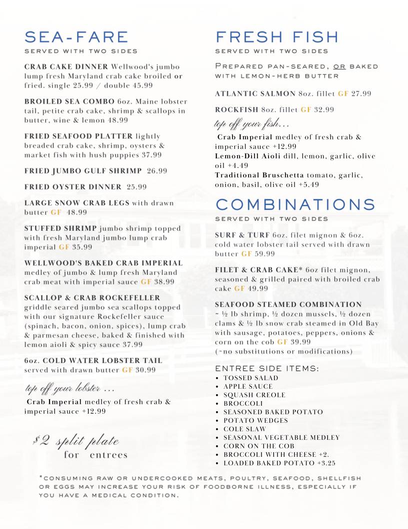 Menu at The Wellwood Restaurant, Charlestown, 523 Water St