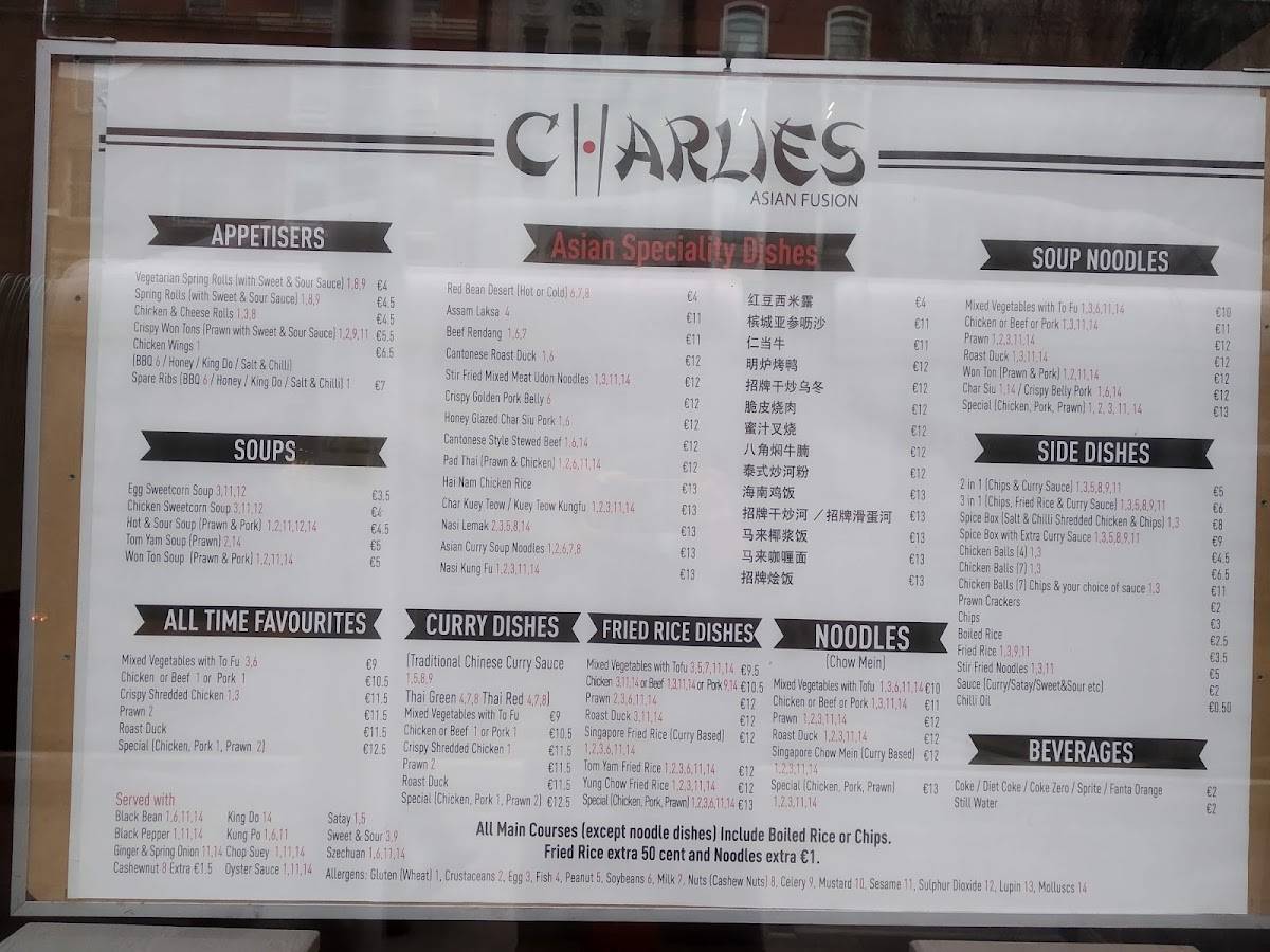 Menu at Charlies 3 restaurant, Dublin