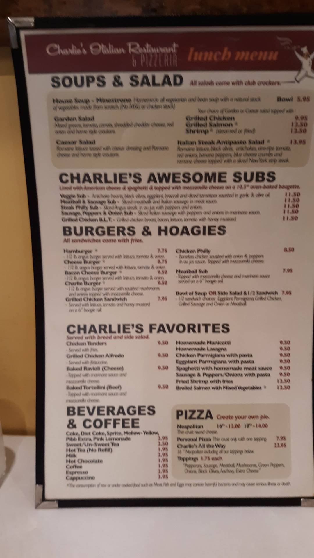Menu at Charlie's Italian Restaurant, East Ellijay