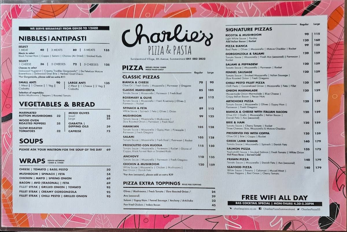 Menu at Charlie's Pizza & Pasta restaurant, Port Elizabeth ...
