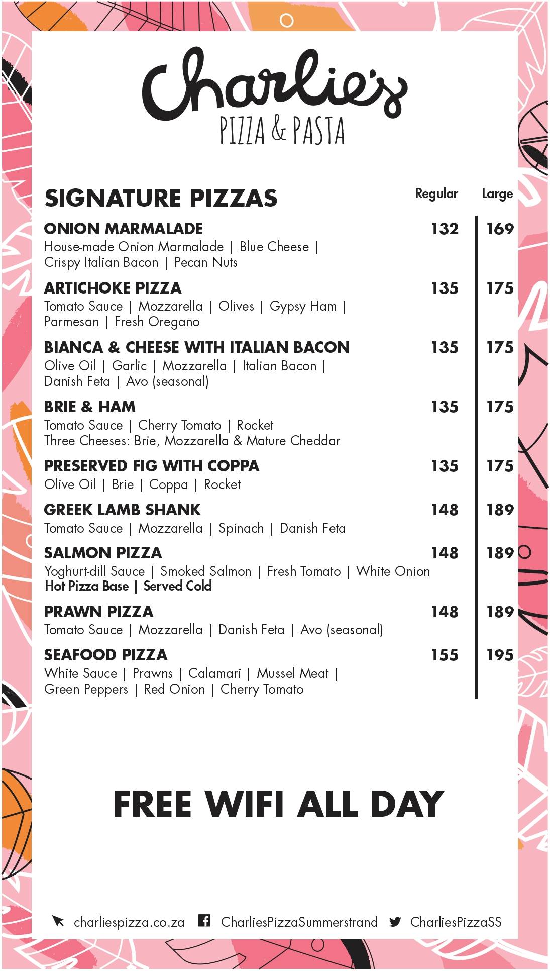 Menu at Charlie's Pizza & Pasta restaurant, Port Elizabeth, Shopping Centre