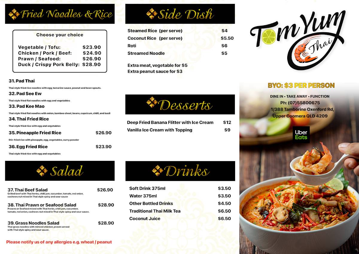 Menu at Tom Yum Thai restaurant, Upper Coomera