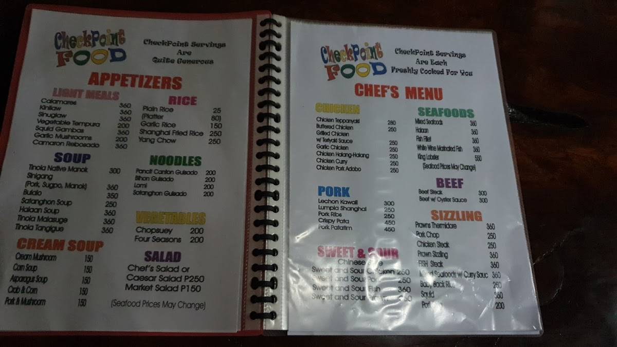 Menu at CheckPoint Camiguin restaurant, Mambajao, Yumbing