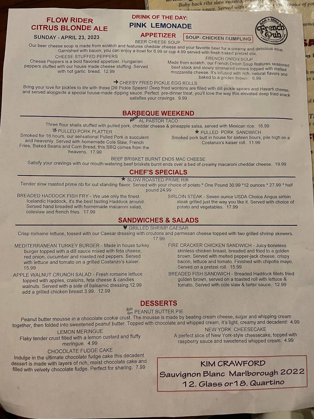 Menu at French Pub, Depew