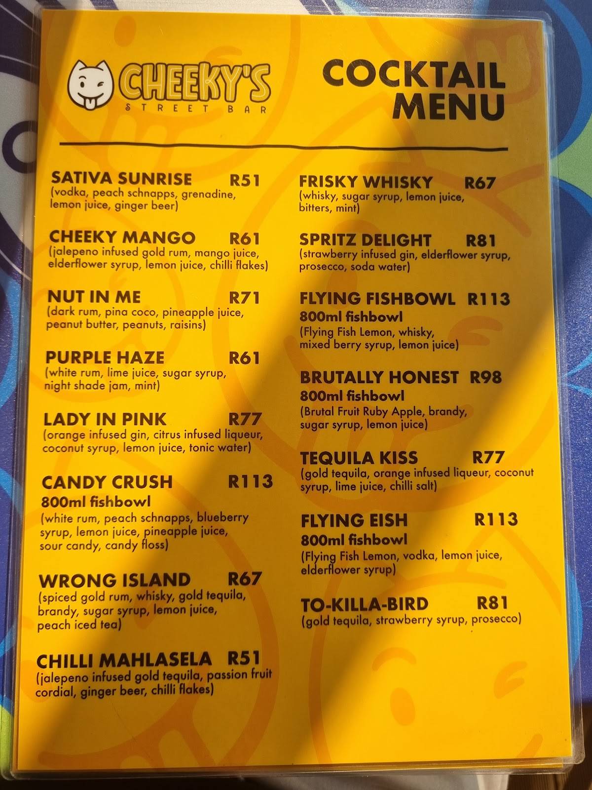 Menu at Cheeky's Street Bar - Hatfield, Pretoria