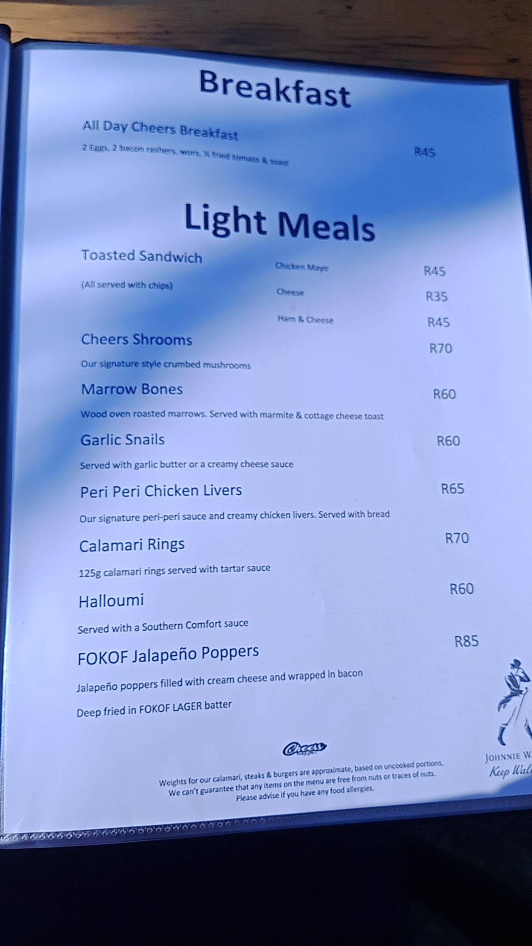 Menu at Cheers Pub & Grill, Kimberley, 39 Main Rd