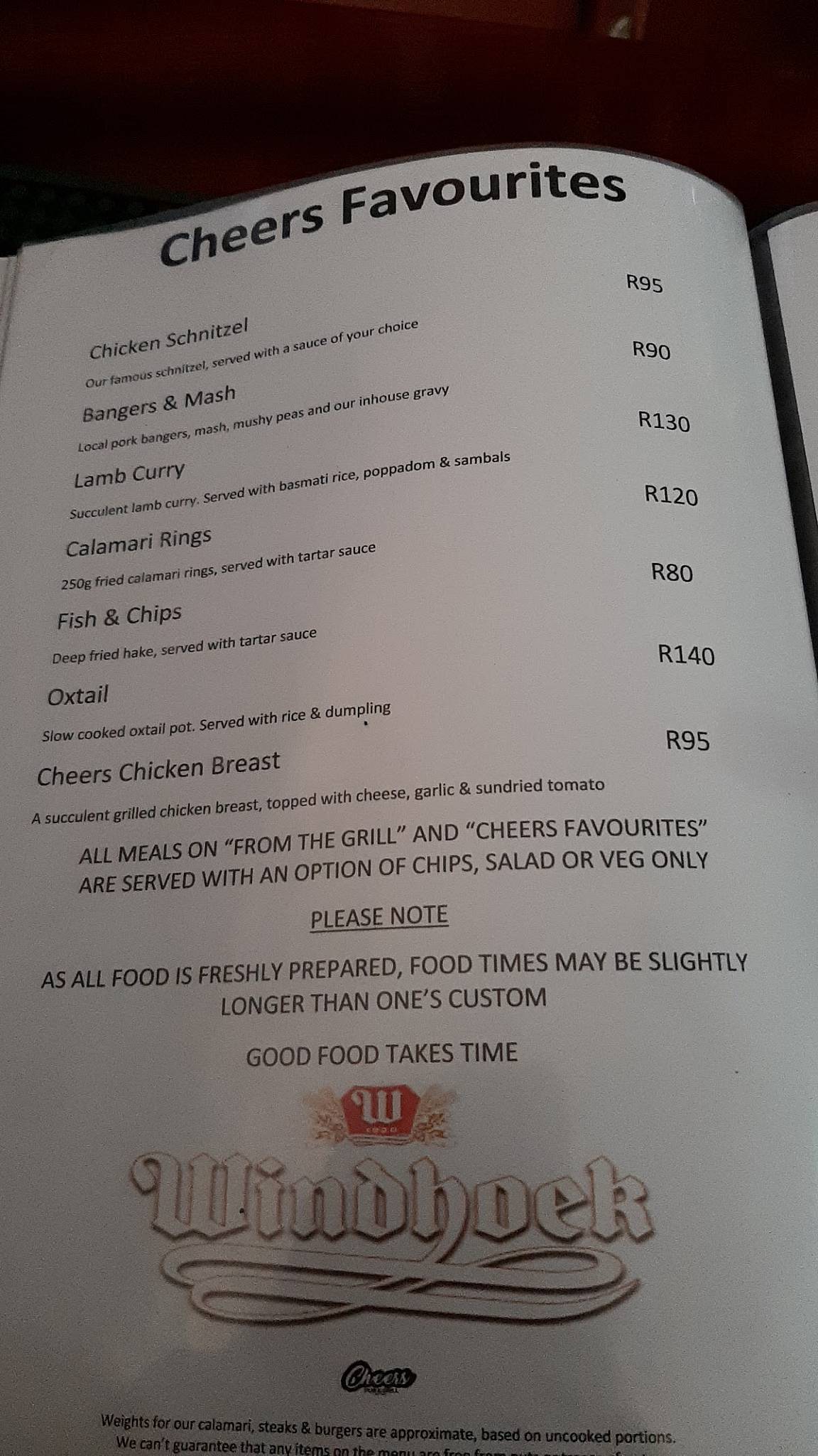 Menu at Cheers Pub & Grill, Kimberley, 39 Main Rd