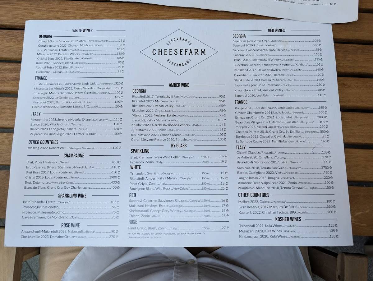 Menu at Cheesefarm restaurant, Tbilisi