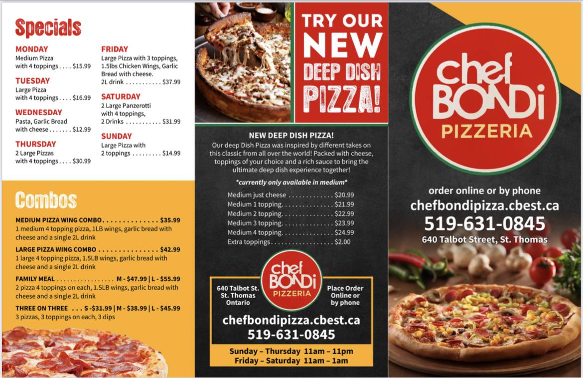 Menu at Chef Bondi Pizza Restaurant, Saint Thomas