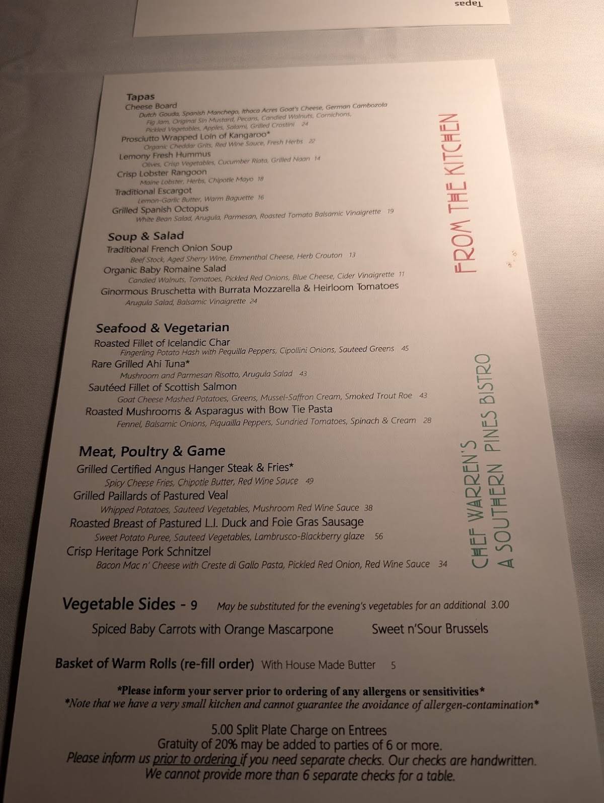 Menu at Chef Warren's Bistro restaurant, Southern Pines