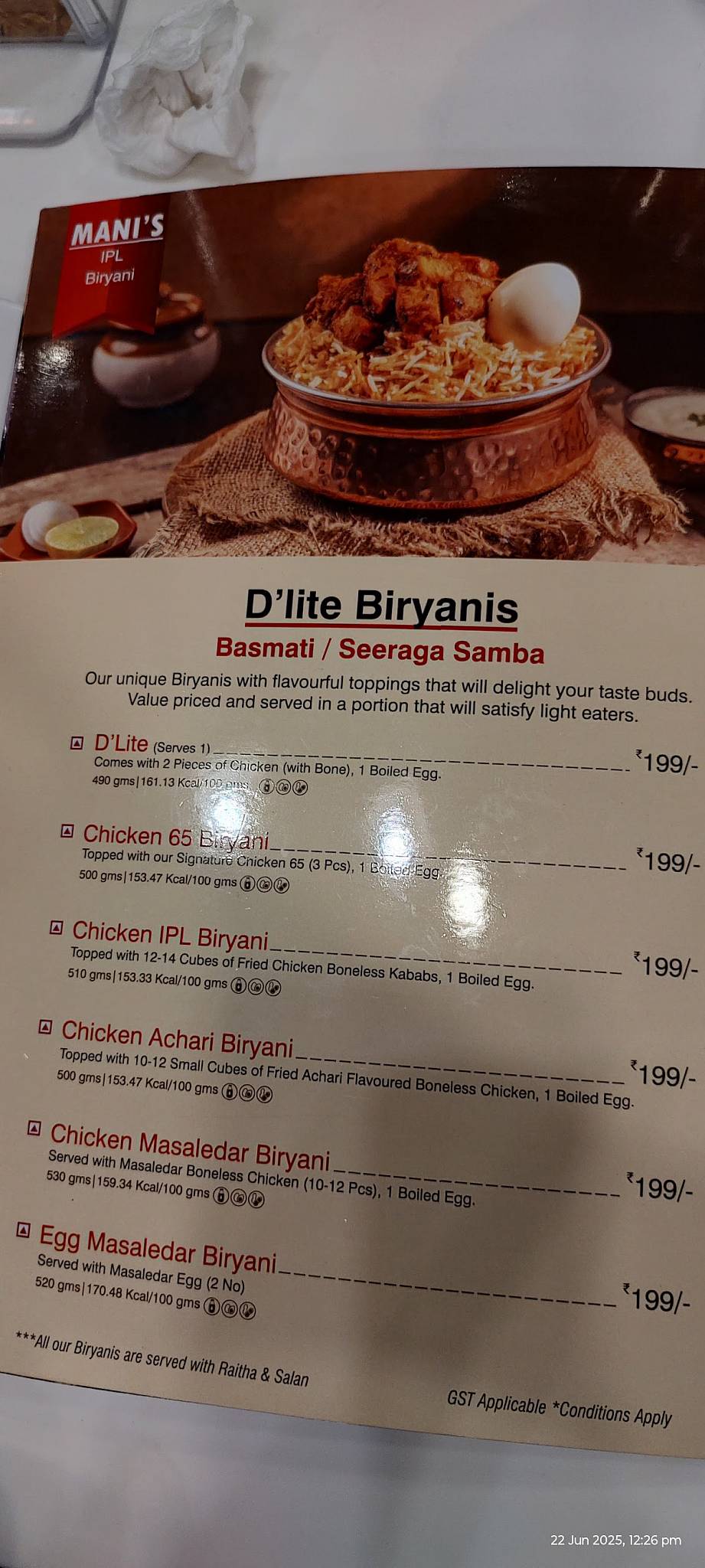 Menu at Mani's Dum Biryani - Siruseri, Chennai