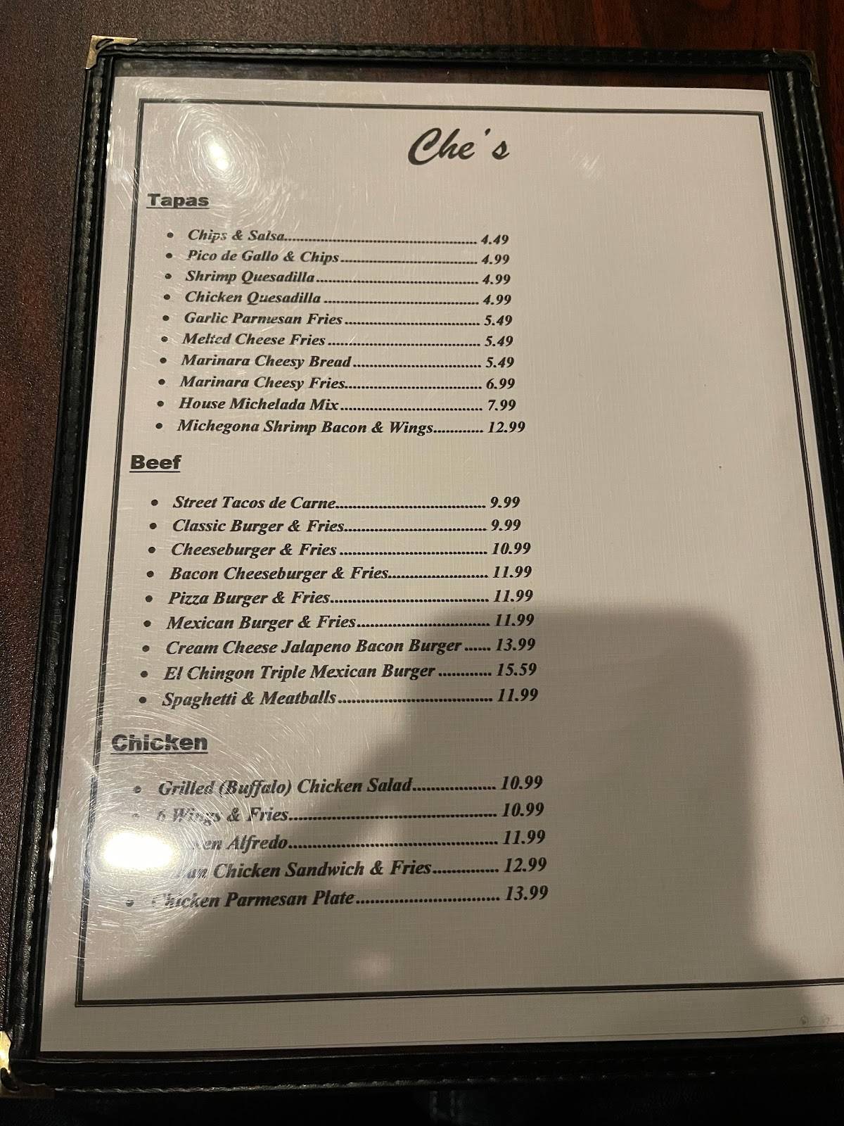 Menu at Che's Restaurant, Rio Grande City