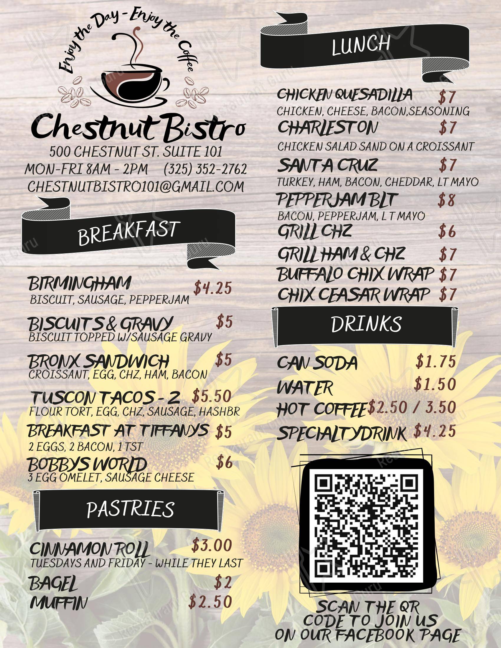 Menu at Chestnut Bistro, Abilene