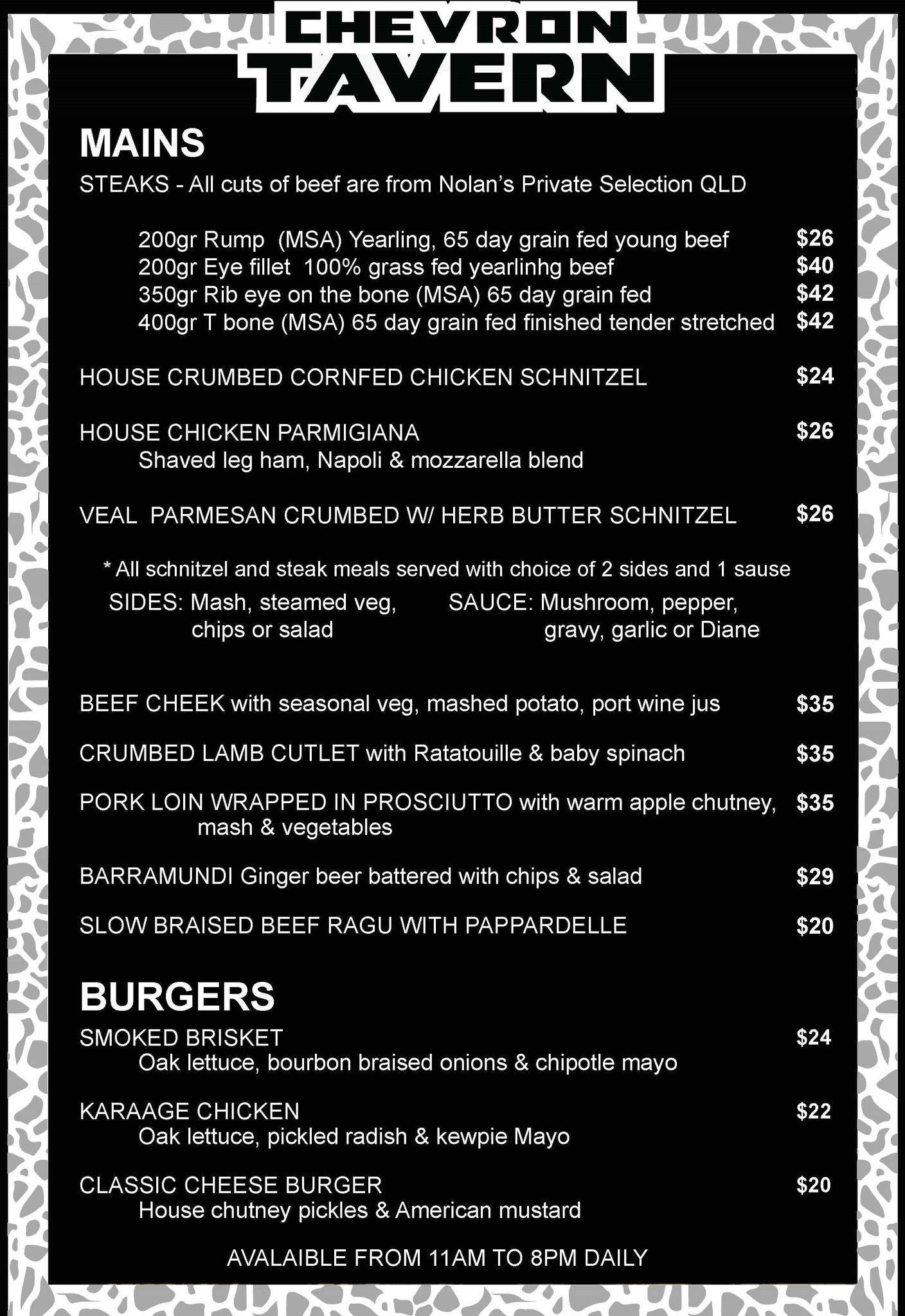 Menu at Chevron Tavern pub & bar, Surfers Paradise