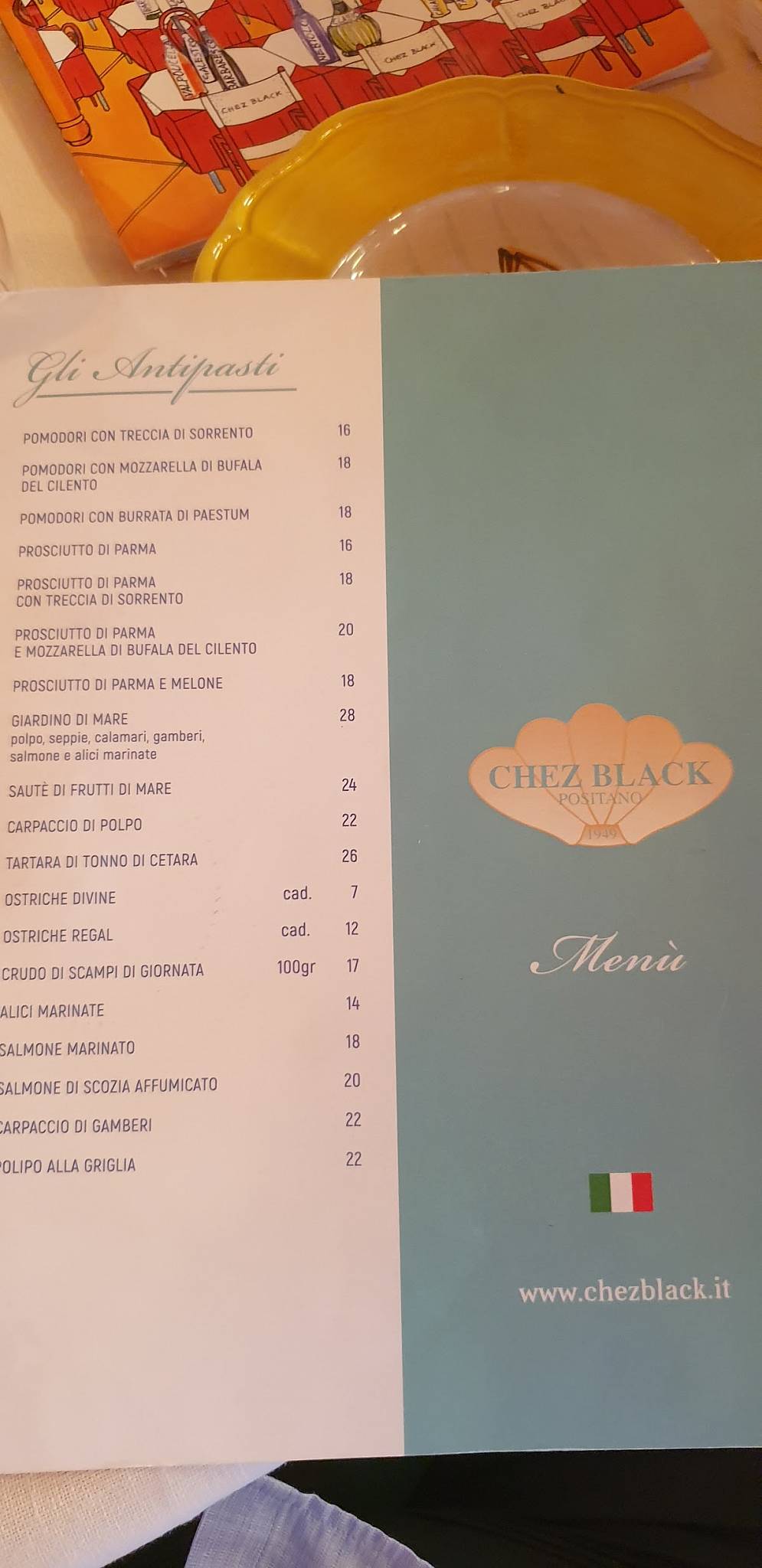 Menu at Chez Black restaurant, Positano