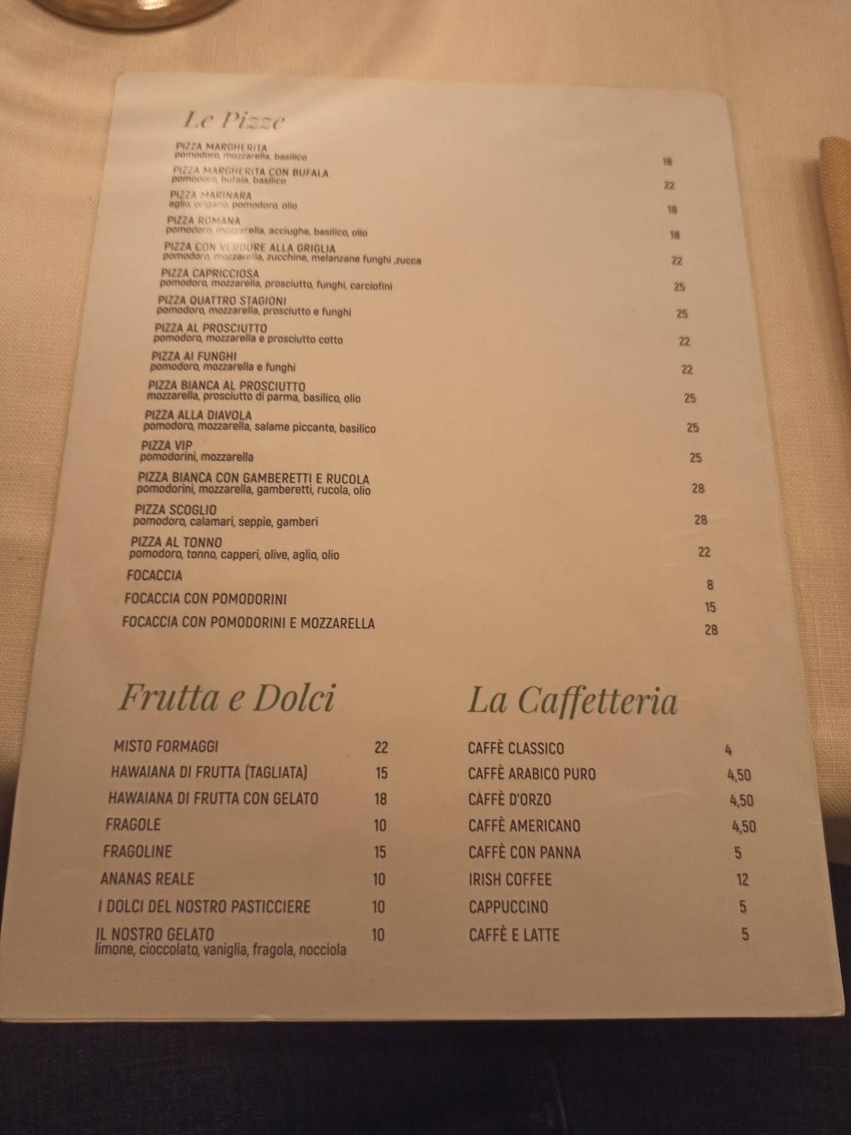 Menu at Chez Black restaurant, Positano