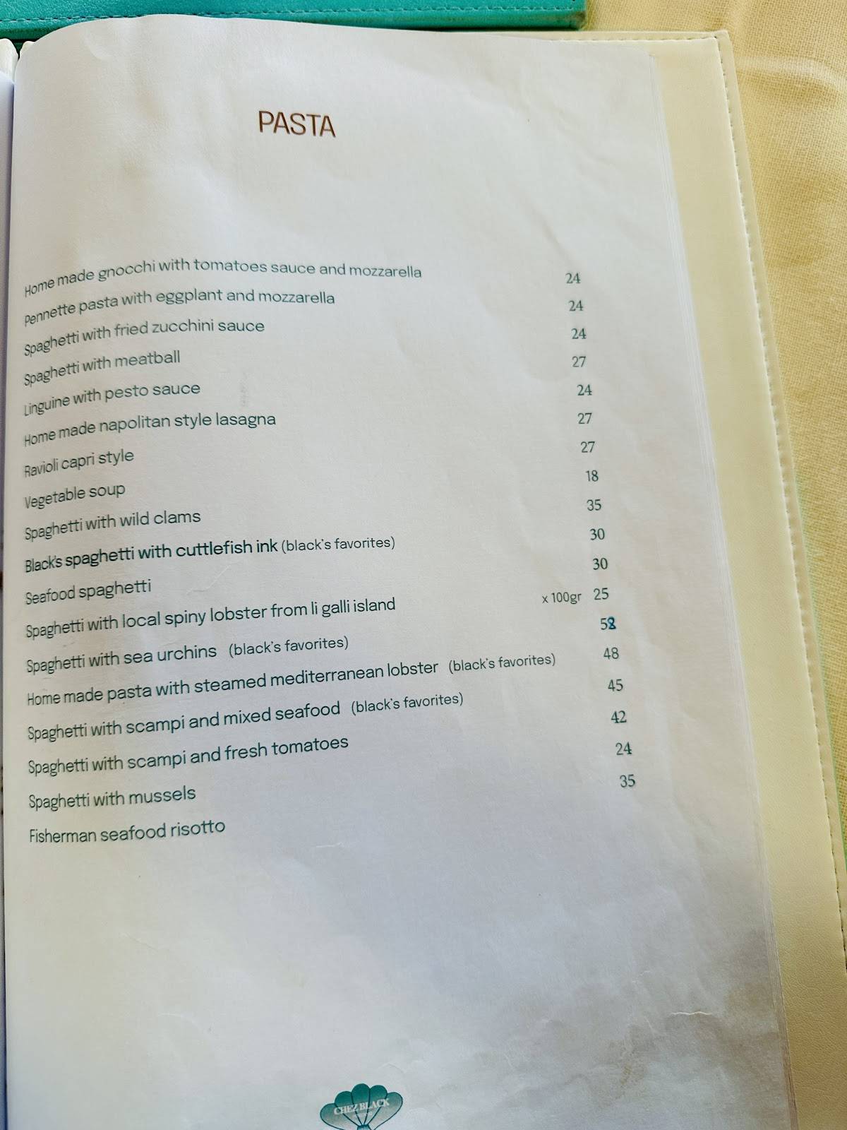 Menu at Chez Black restaurant, Positano