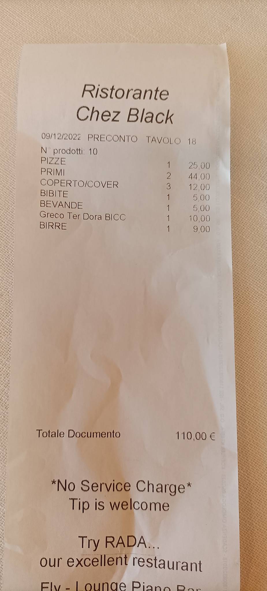 Menu at Chez Black restaurant, Positano