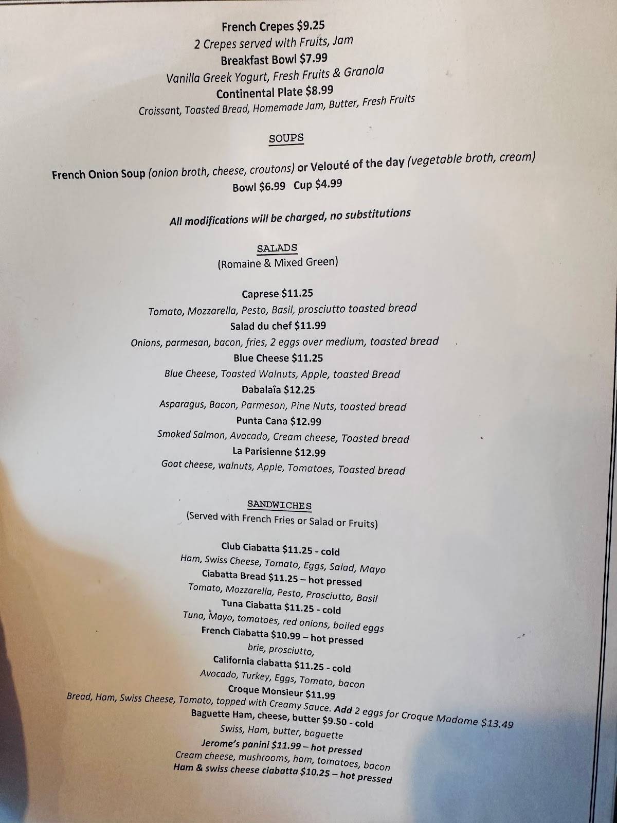 Menu at Chez David restaurant, Clearwater
