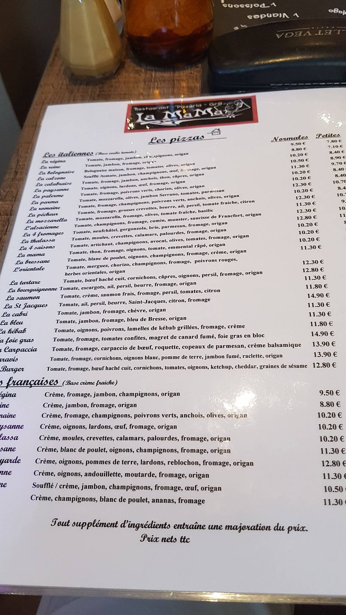 Menu au Chez Déborah pizzeria, Aumale