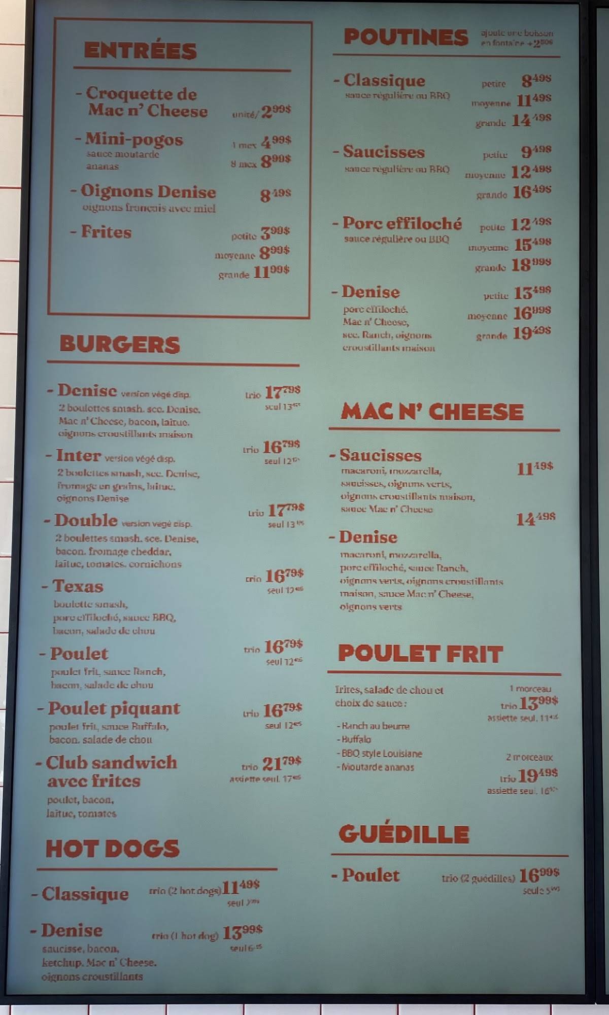 Carta del restaurante Chez Denise, Shannon