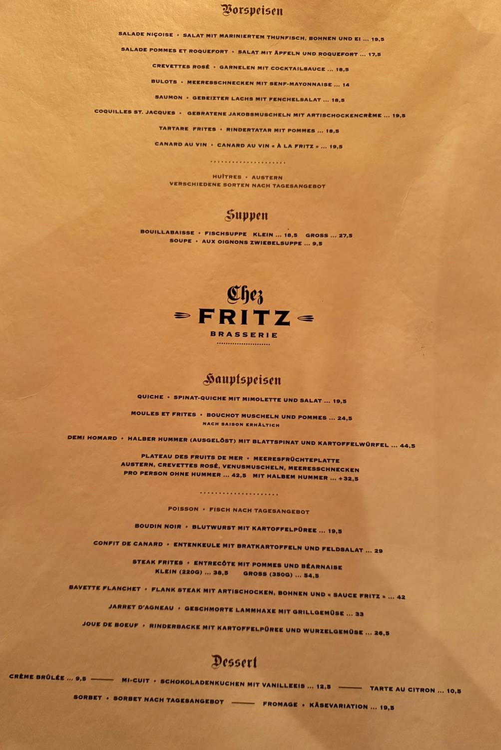 Speisekarte von Chez Fritz restaurant, München