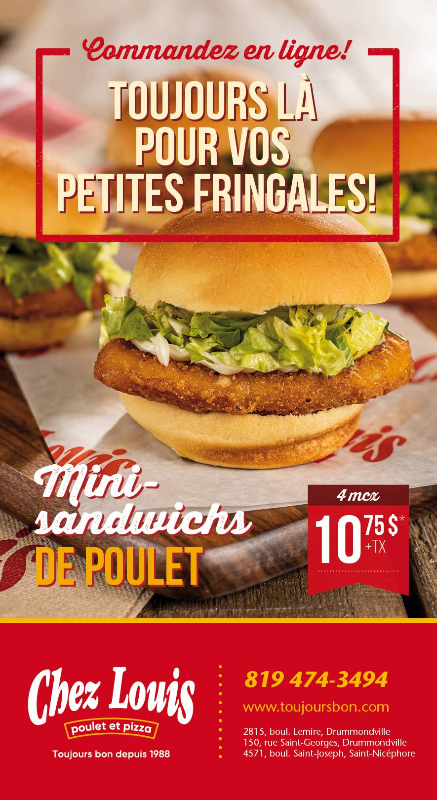 Menu au Chez Louis Poulet Et Pizza pizzeria, Drummondville, Bd Lemire