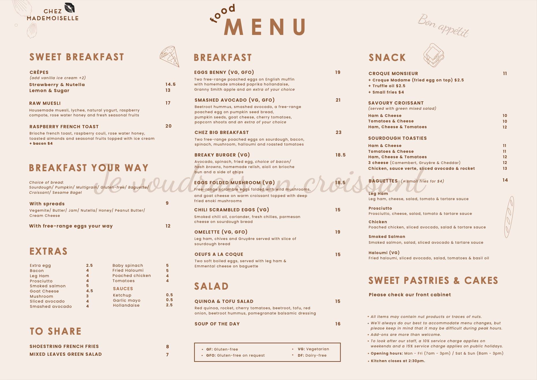 Menu at Chez Mademoiselle cafe, Prahran