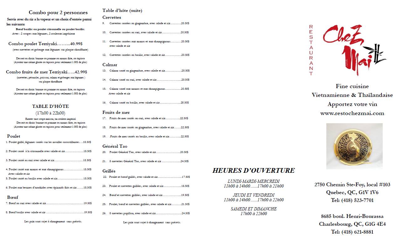 Menu au Chez Mai restaurant, Québec, Ch Ste-Foy