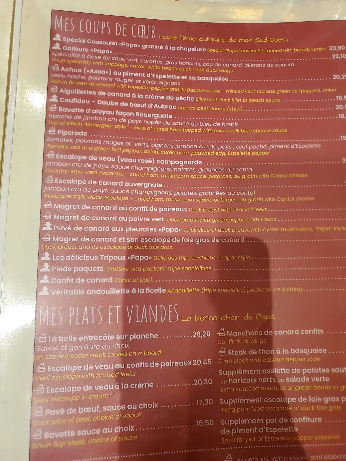 Carta del restaurante Chez Papa, Paris, 59 Rue del Clichy