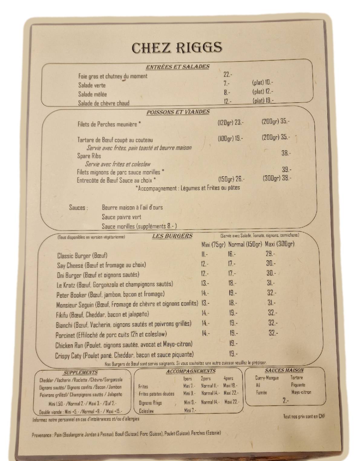 Menu au Chez Riggs, Milvignes