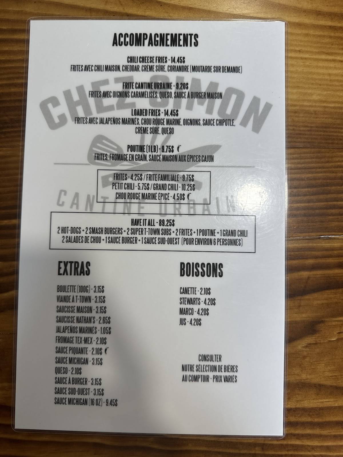 Menu au Chez Simon Cantine Urbaine restaurant, Longueuil