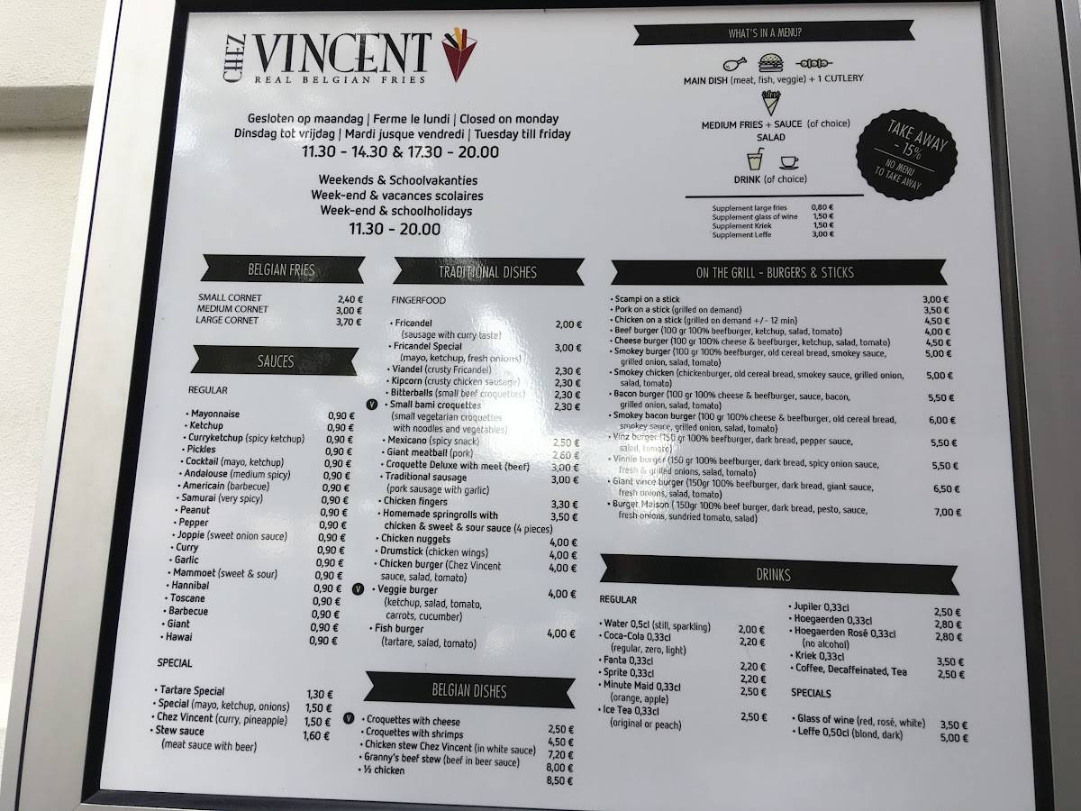 Speisekarte von Chez Vincent, Brugge