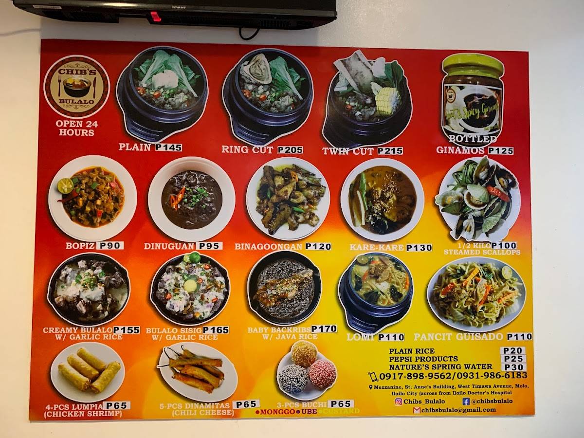 Menu at Chib's Bulalo, Iloilo City, PH86+WP2