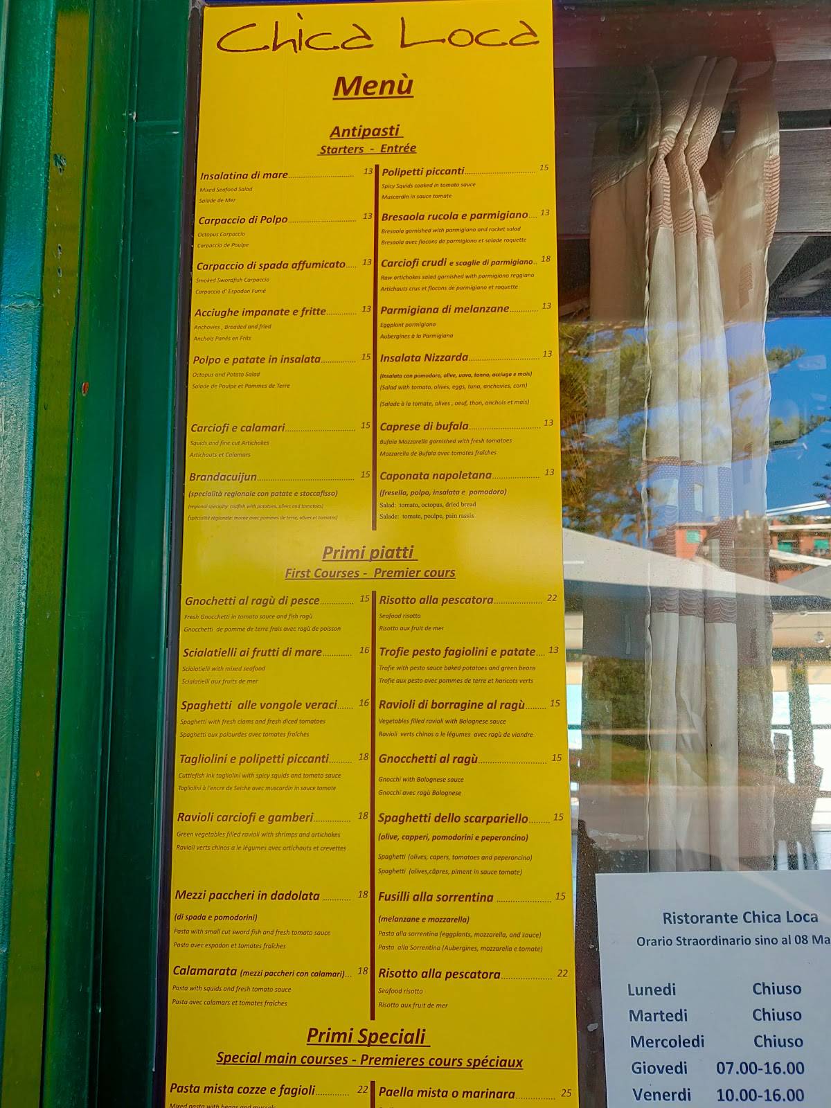 Menu da Chica Loca ristorante, Bordighera, Lungomare Argentina