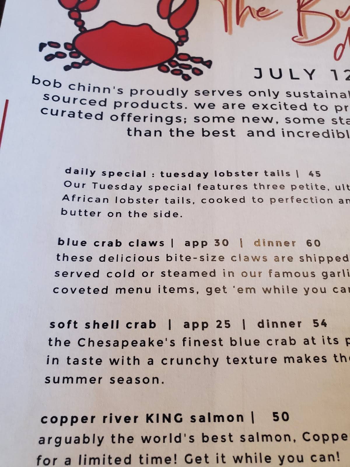 Menu at Bob Chinn's Crab House steakhouse, Wheeling