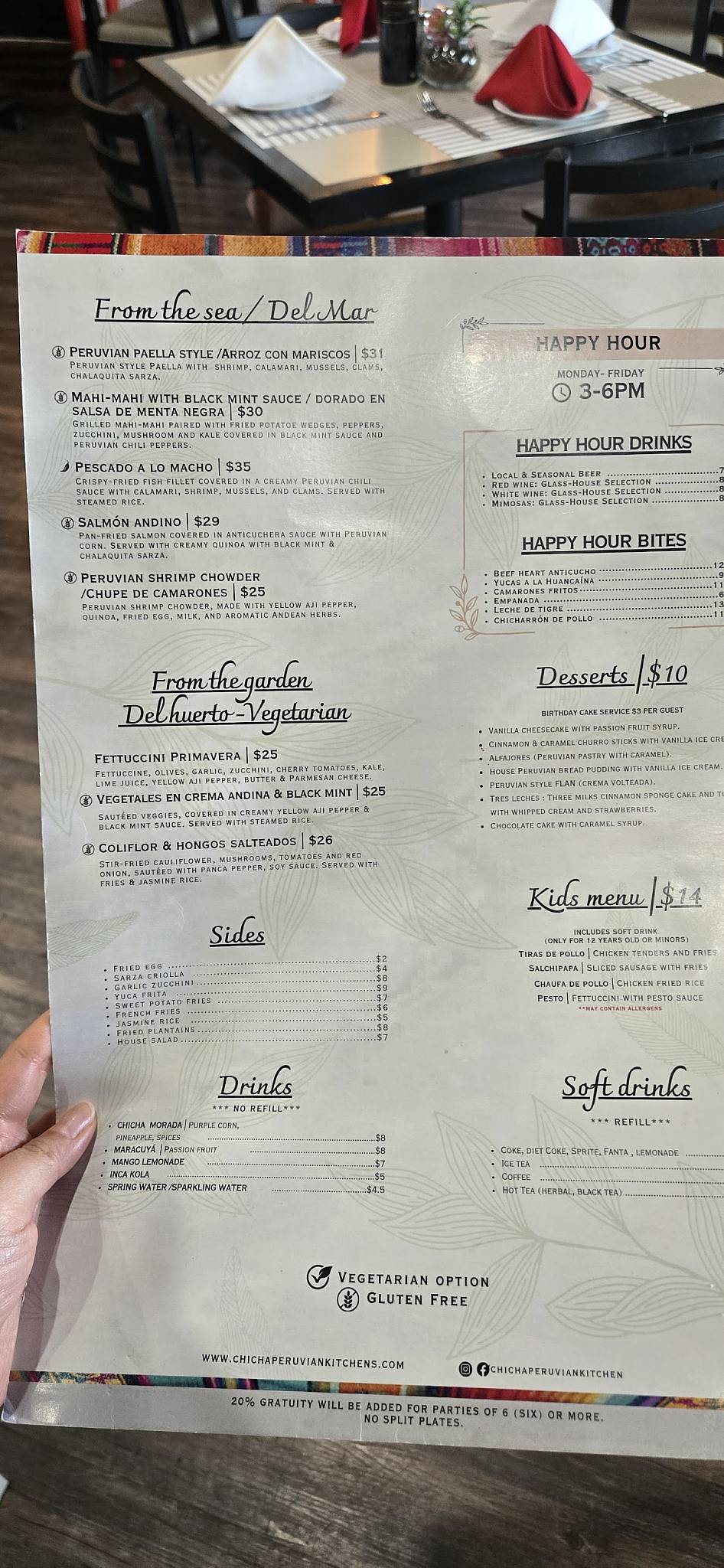 Menu at Chicha Peruvian kitchen restaurant, Roseville
